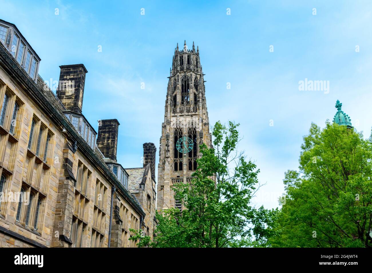 Looking up at the masonry Harkness Tower at Yale University under the ...