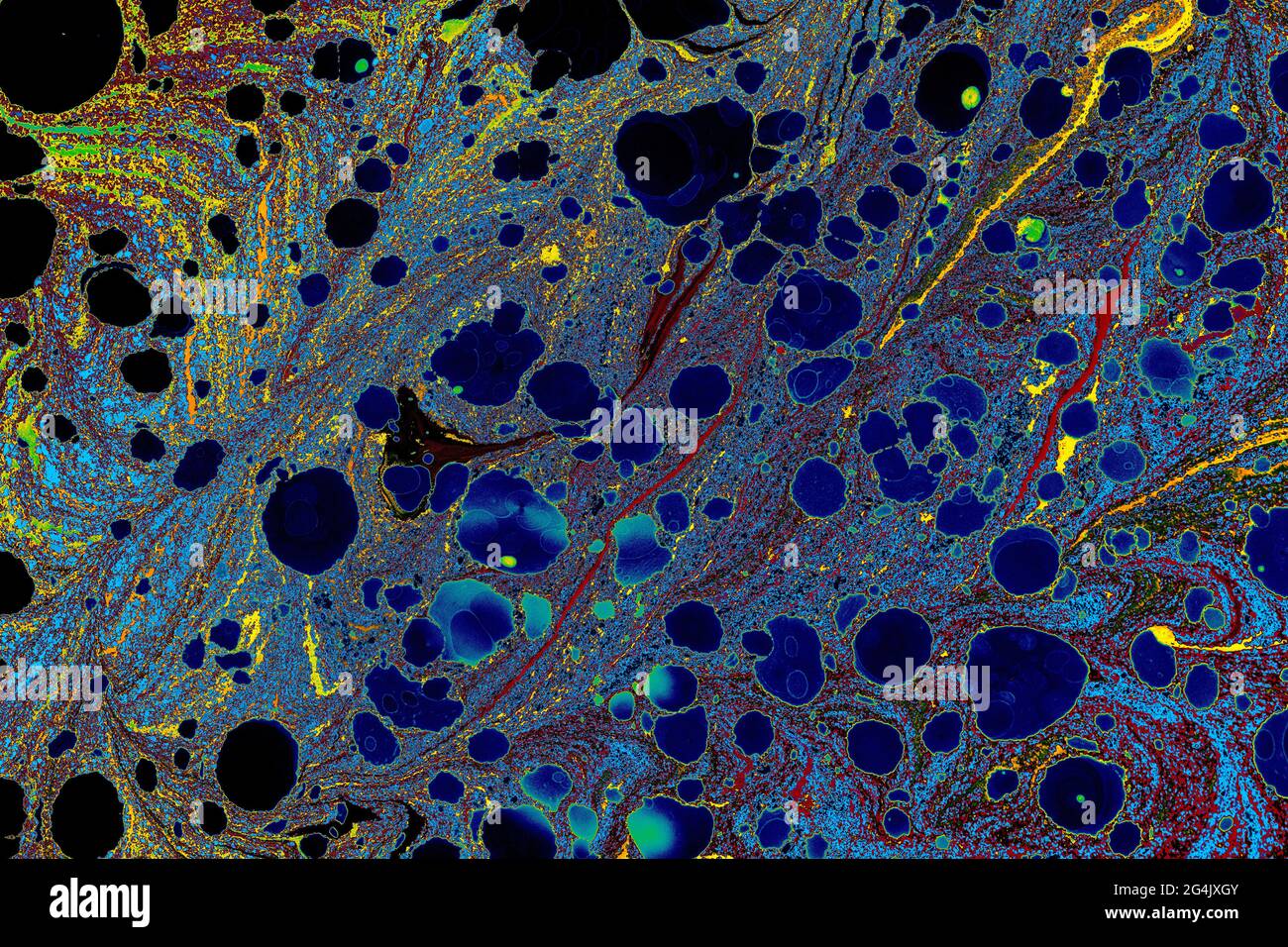2D illustration of a jumble of mixed colors with spots of blue ...