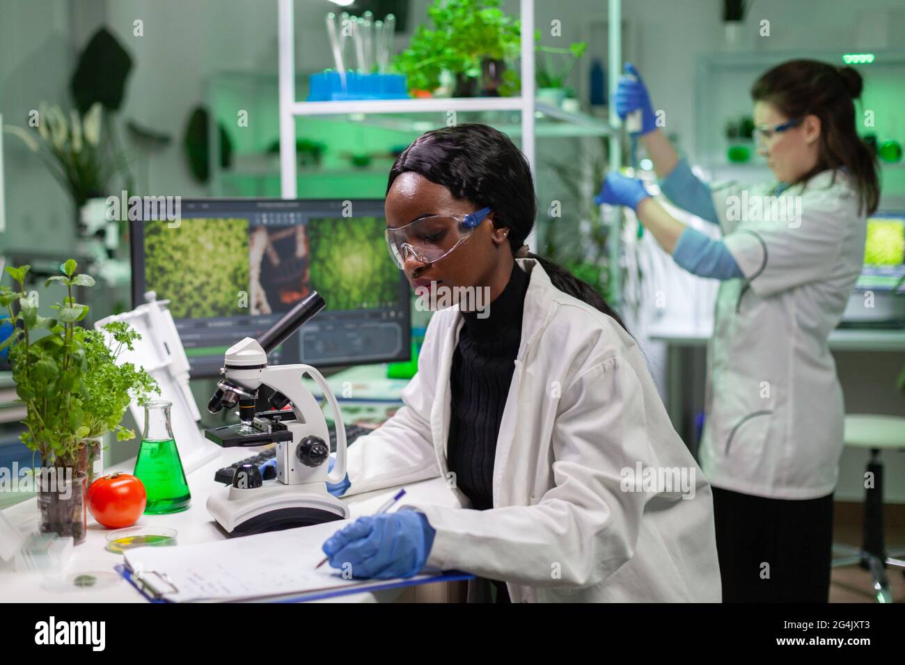 African biochemistry doctor examining chemical test using microscope ...
