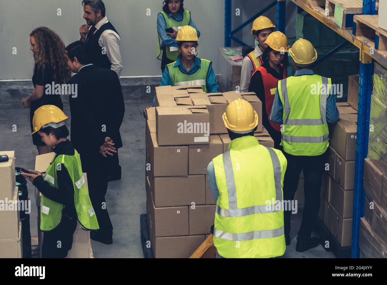 Many people , workers and manger work in warehouse or storehouse ...