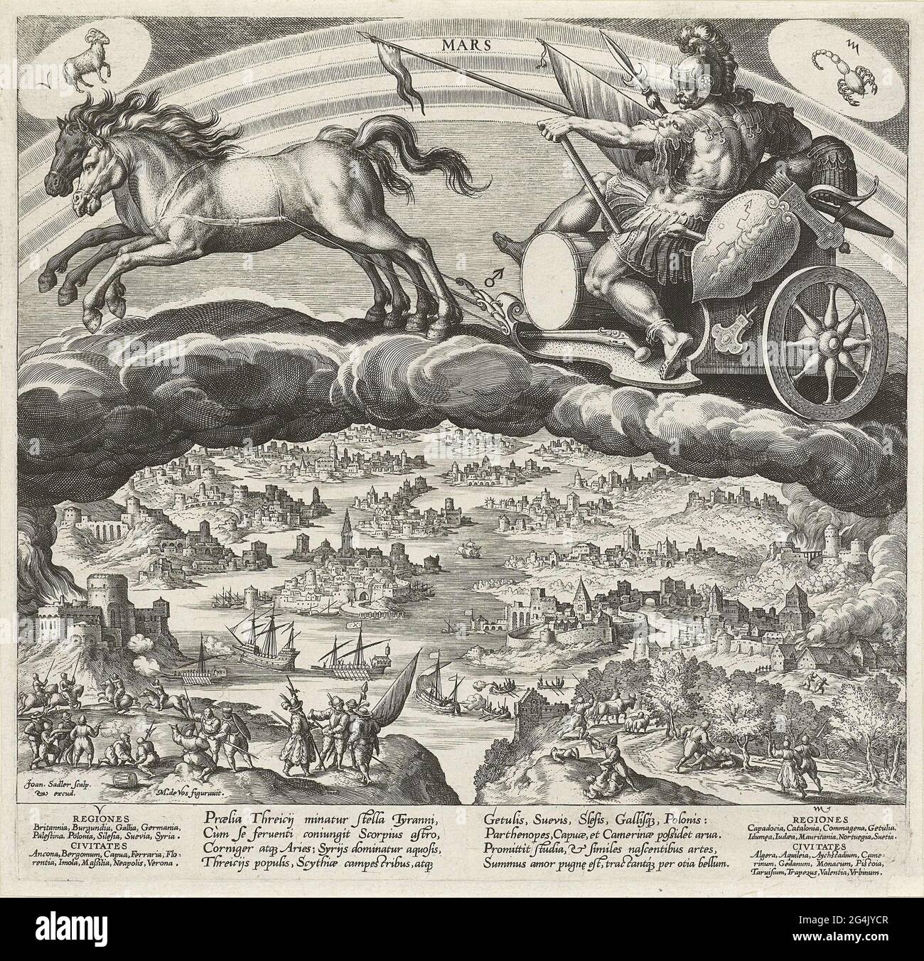 . The god Mars on his victor, drawn by two horses, driving on the ...