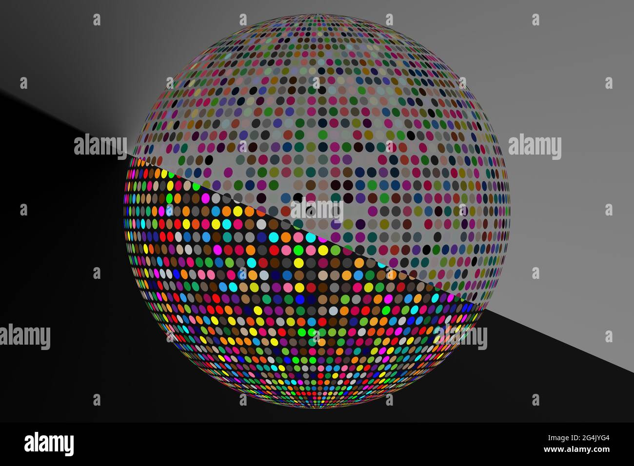 2D illustration of a disco ball with a diagonal split in the gray and ...