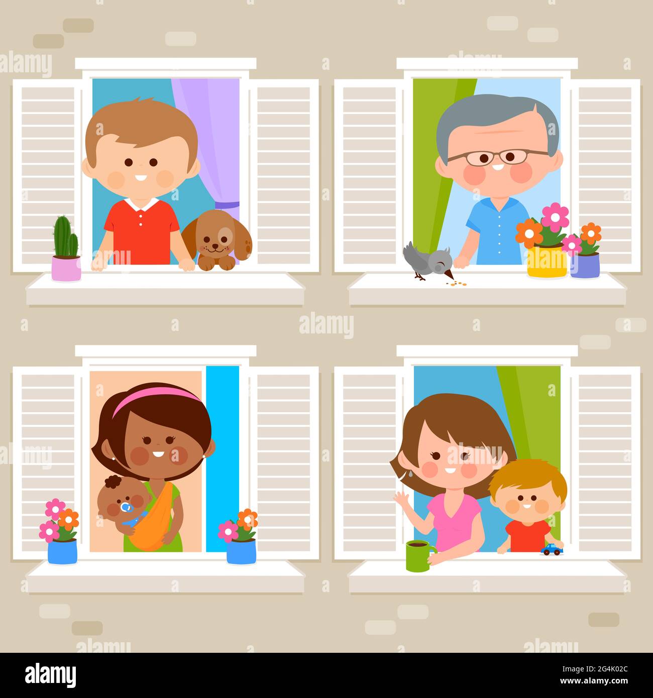 People in their homes at an apartment building looking out of windows ...