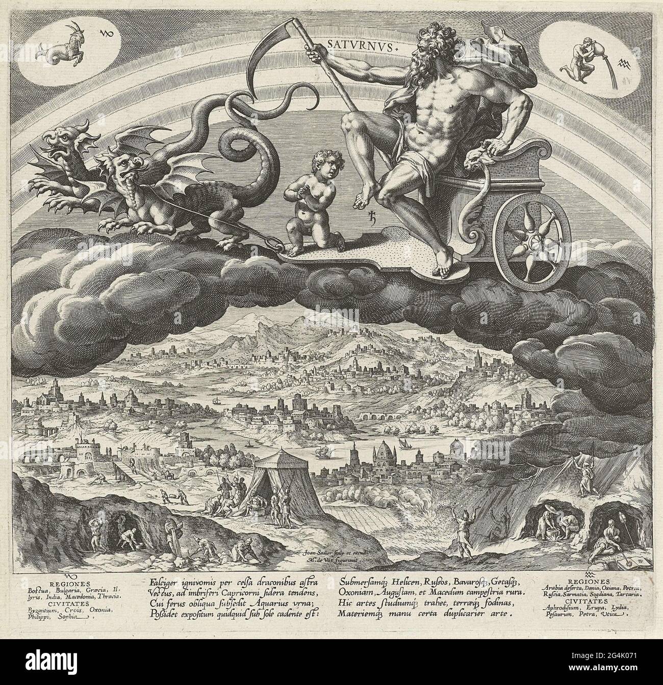 . The God Saturn with a scythe in hand. He drives into a victory, which ...