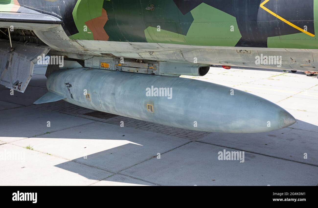 Drop tank of multirole fighter, old fighter jet Stock Photo - Alamy