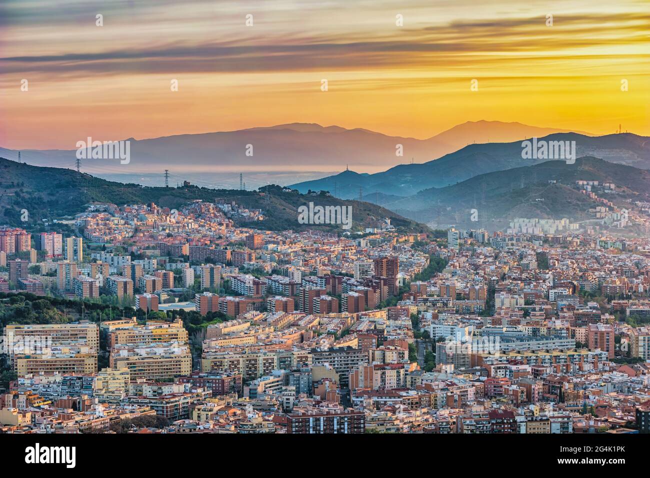 Barcelona Spain, high angle view sunrise city skyline from Bunkers del ...