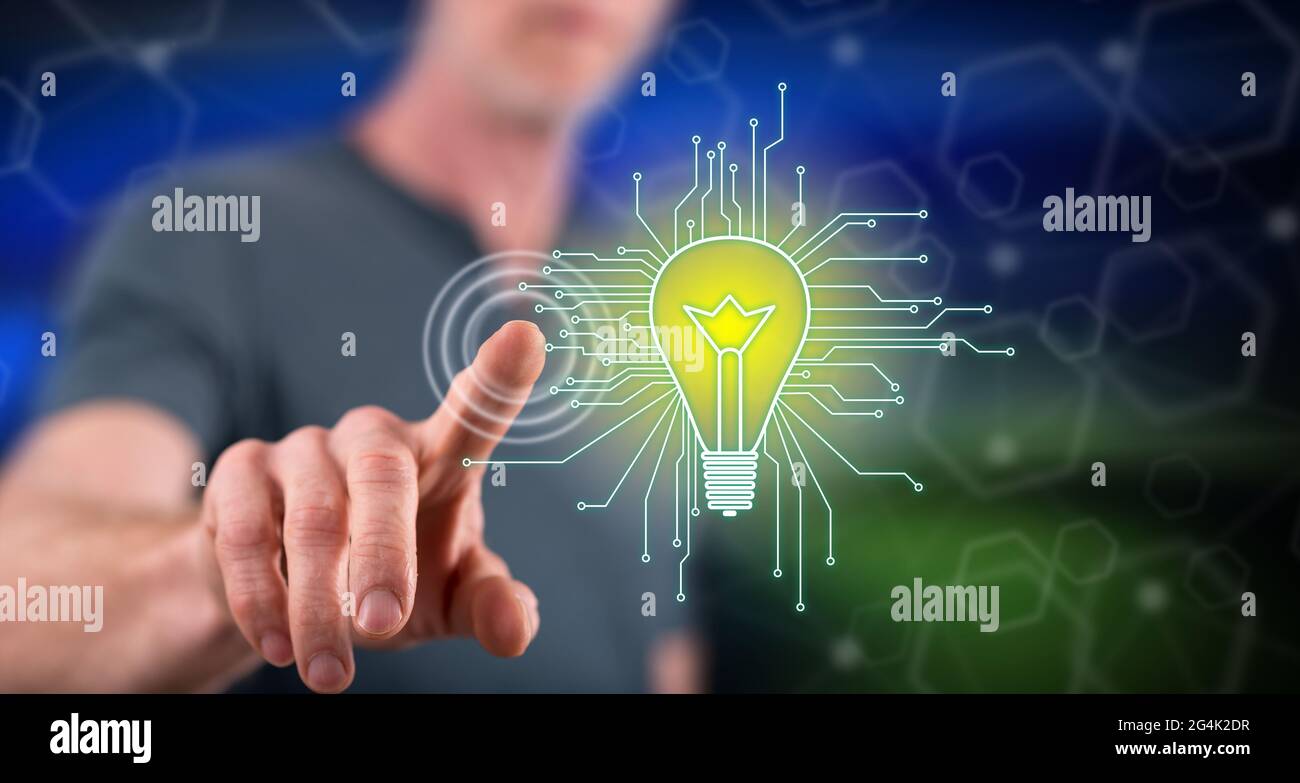 Man touching a technology innovation concept on a touch screen with his ...