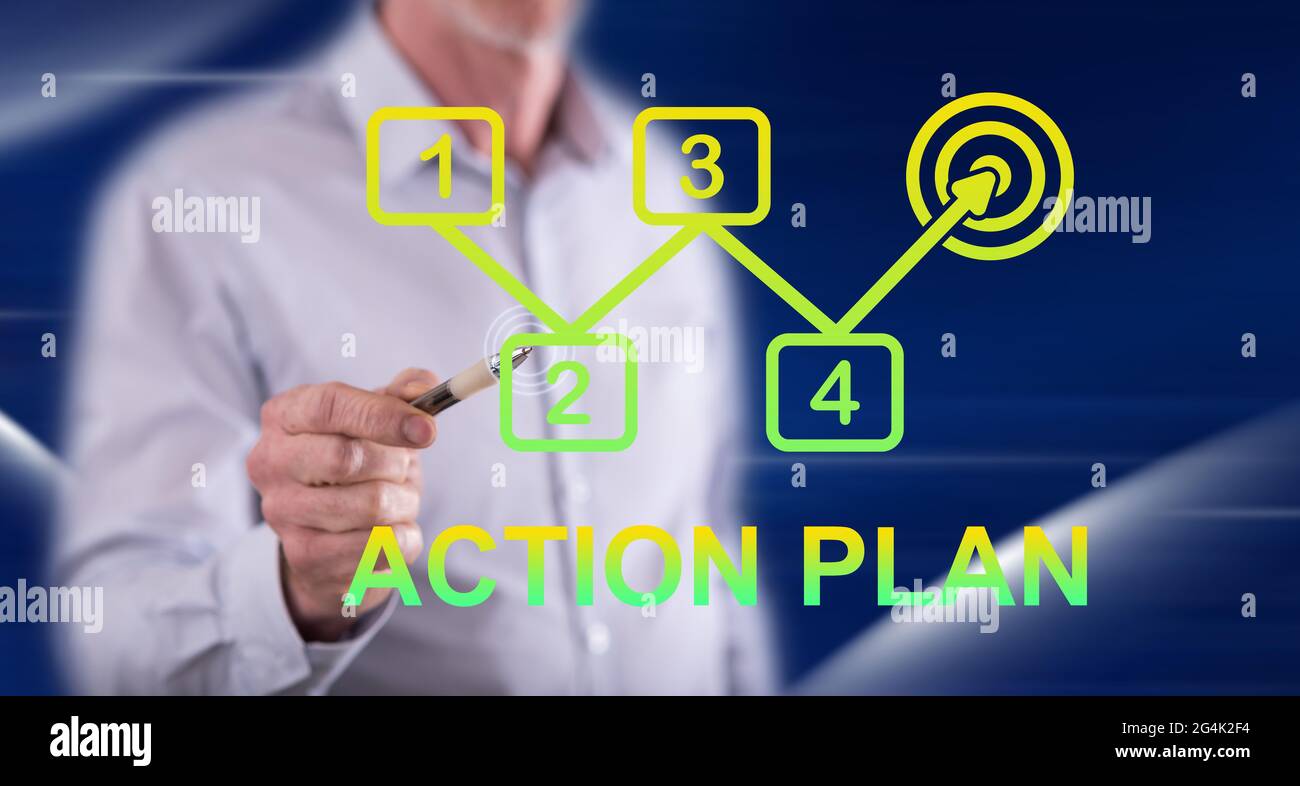 Man touching an action plan concept on a touch screen with a pen Stock ...