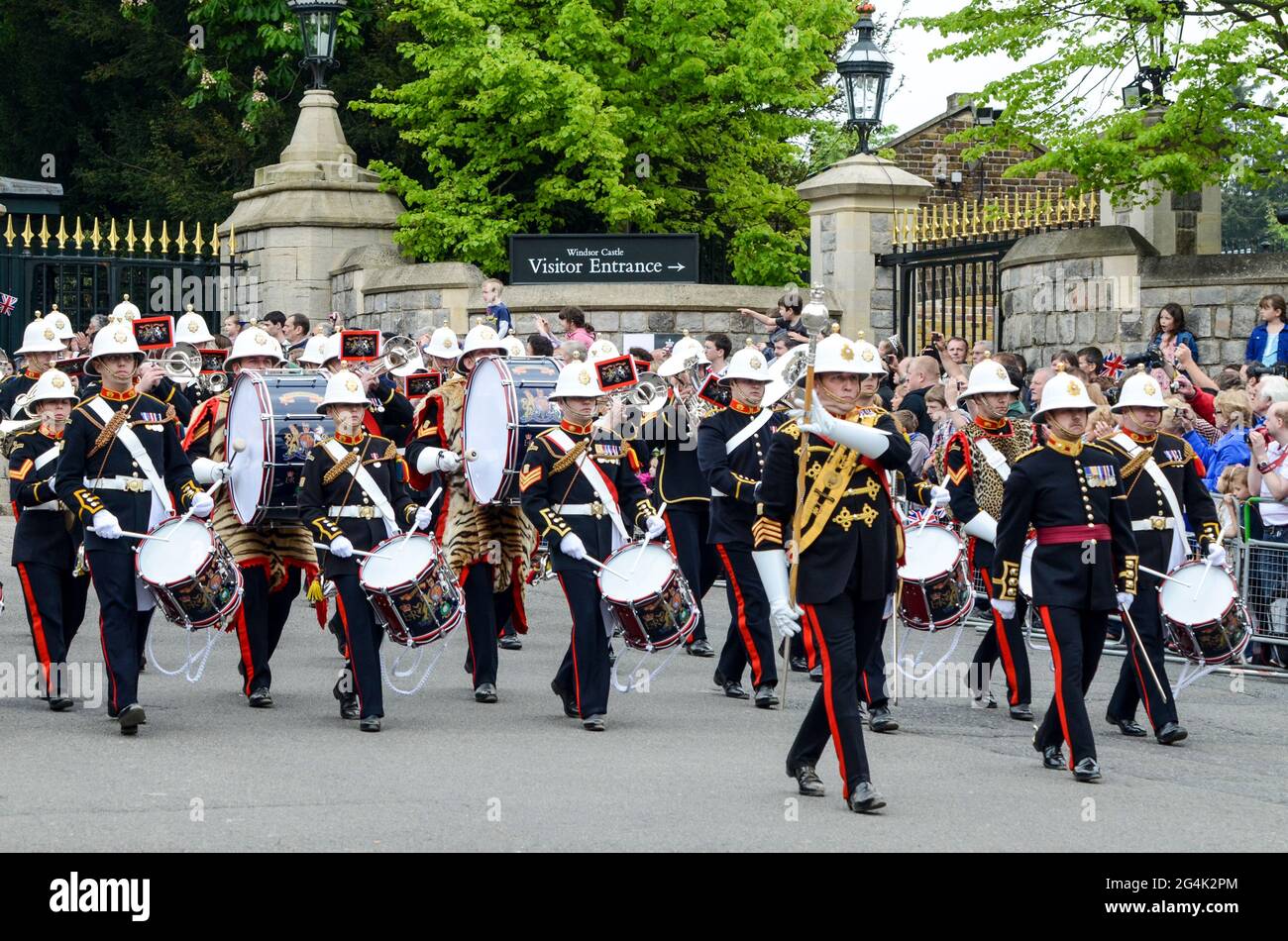 Royal Marines Marching Band marching out Windsor Castle during ceremony ...