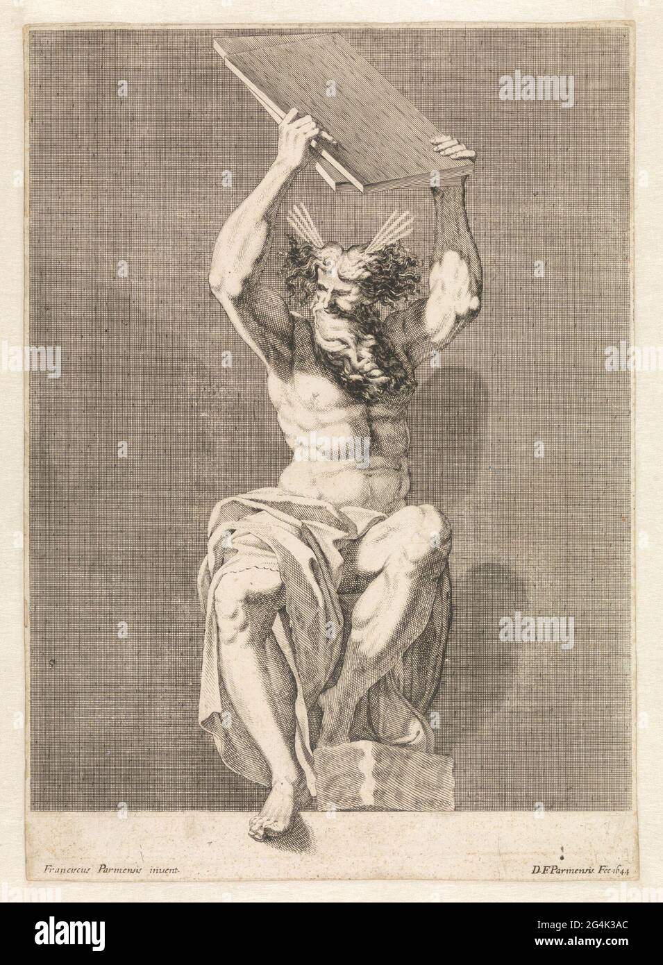 Moses with the tables of the law. Moses seated on a pedestal keeps the ...