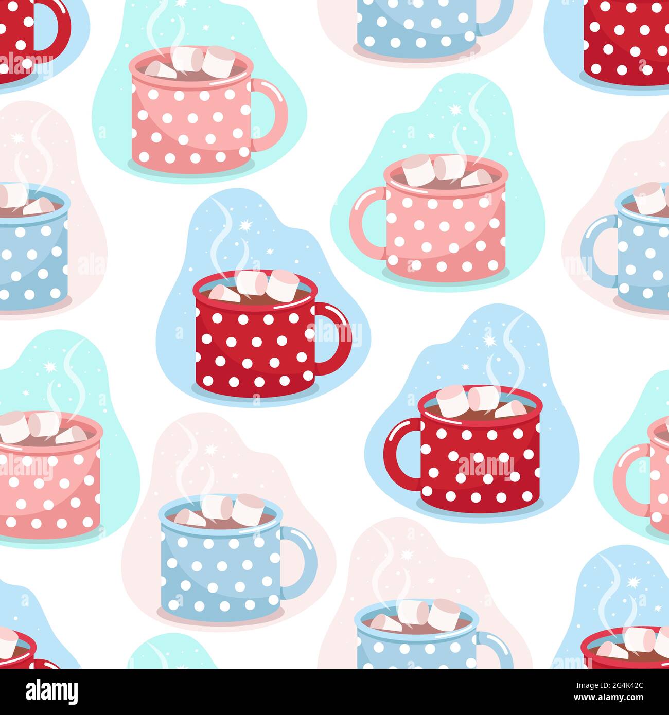 Cocoa mug seamless pattern, mugs of different colors in white polka dots with cocoa and ...