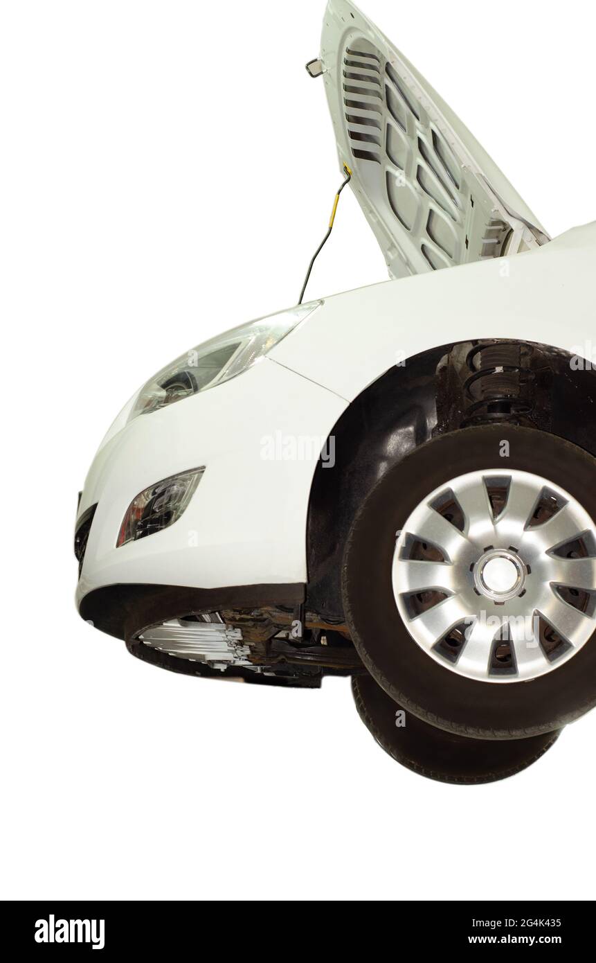 Low angle shot of an open bonnet of a white car isolated on white Stock ...