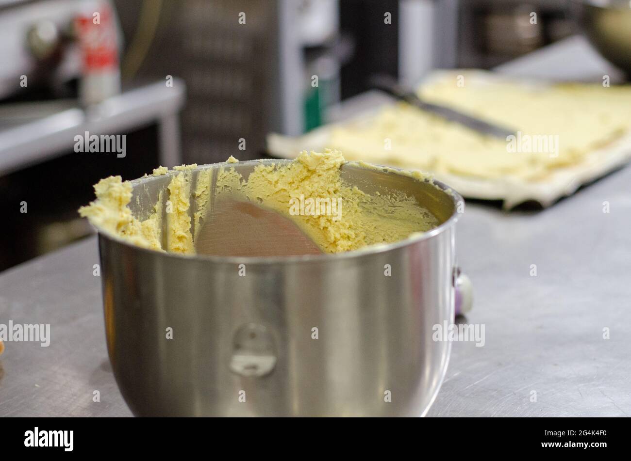 Closeup shot of a creamy pot on the kitchen table during the vanilla ...