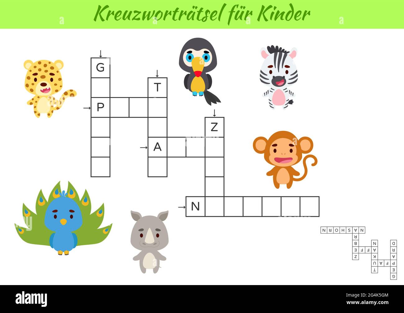 Crossword for kids in German with pictures of animals. Educational game ...