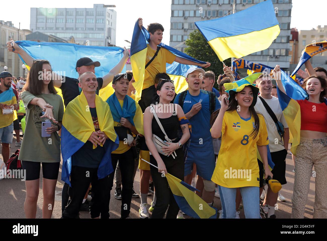 KYIV, UKRAINE - JUNE 21, 2021 - Ukrainian fans watch the UEFA EURO 2020 ...