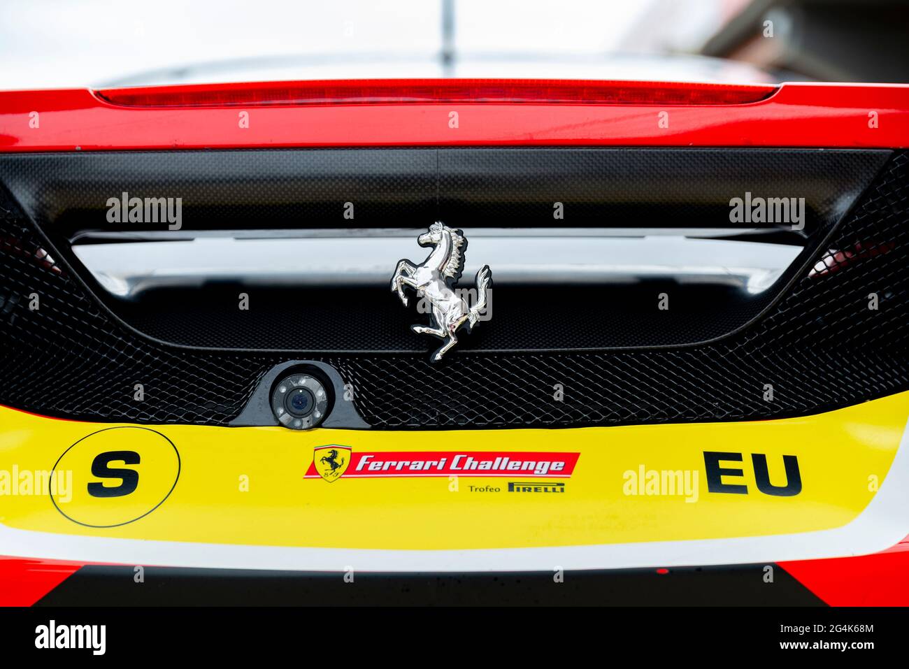 A Ferrari logo seen on a car during the Ferrari Challenge races at the ...