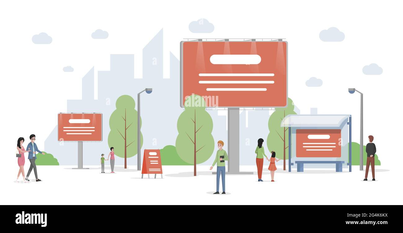 City advertising vector flat illustration. Urban cityscape with ...