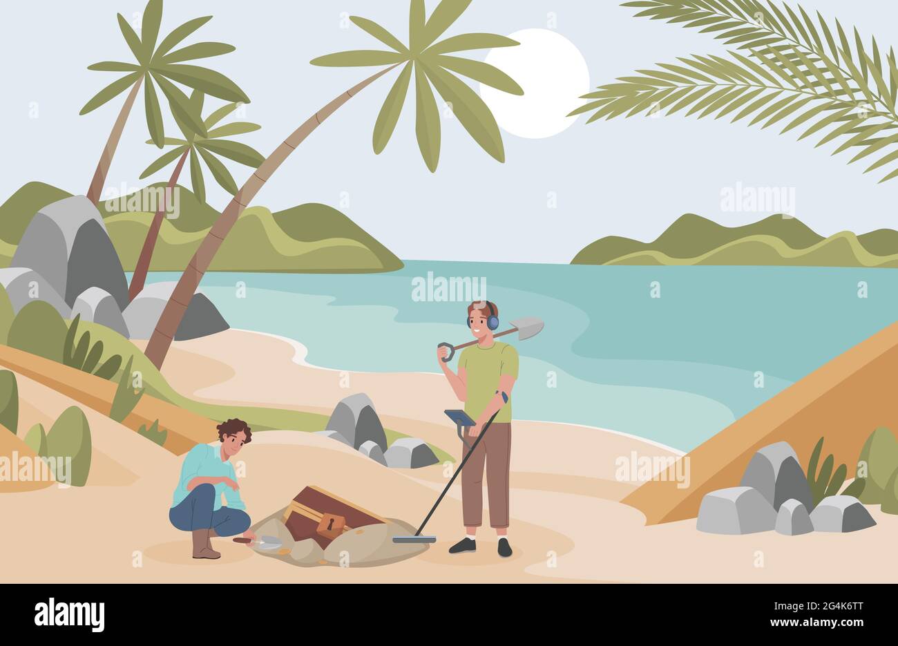 Archeologists finding treasure on sandy beach vector flat illustration ...