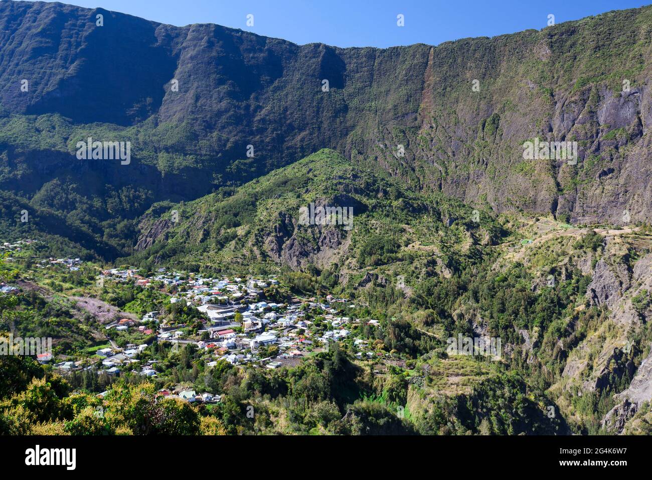 Reunion Island: caldera “Cirque de Cilaos”. Overview of the village of ...