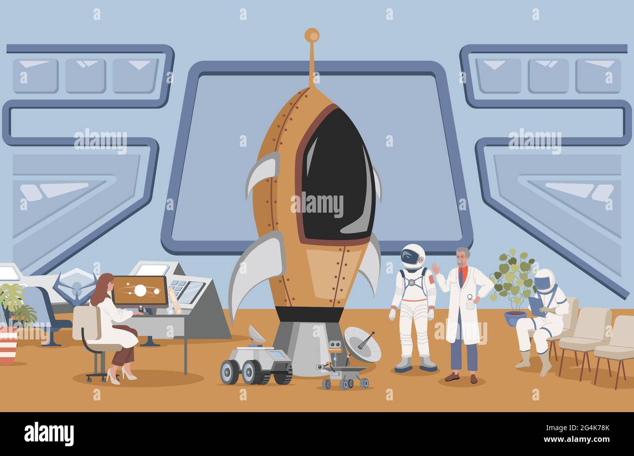 Launch rocket center with cosmonaut in space suit vector flat ...