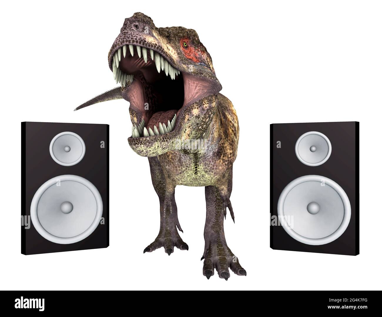Loudspeaker boxes and the dinosaur Tyrannosaurus Rex isolated on white ...