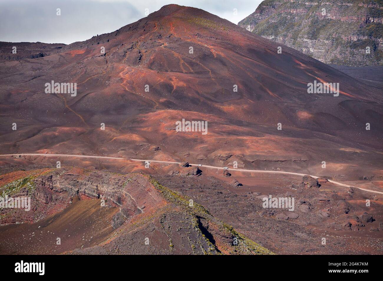 Reunion Island: aerial view of the “Plaine des Sables” plateau and the ...