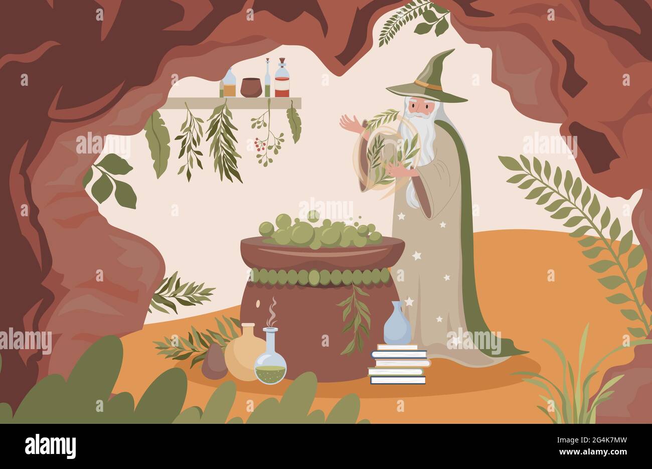 Old wizard with long white beard preparing magic poison vector flat ...