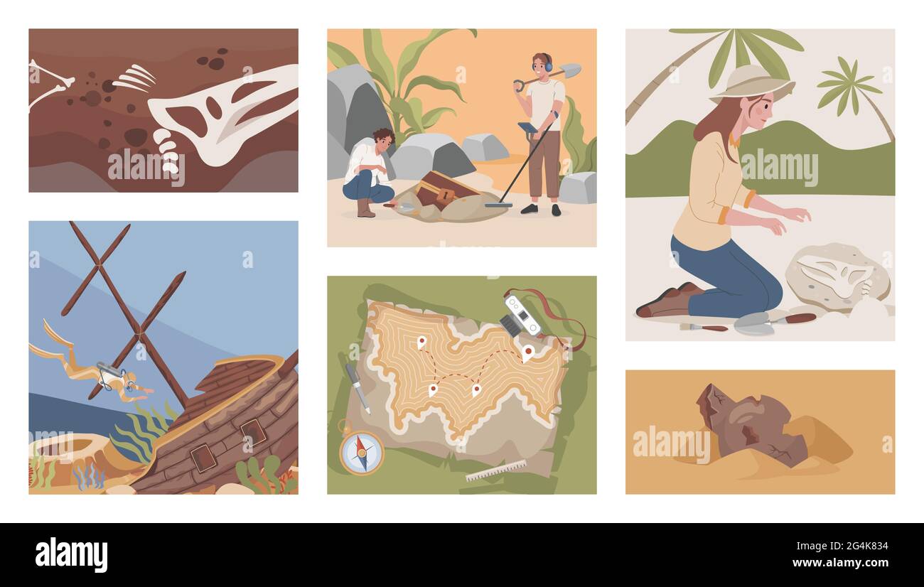 Archeological excavation vector flat illustrations. Excited men and ...