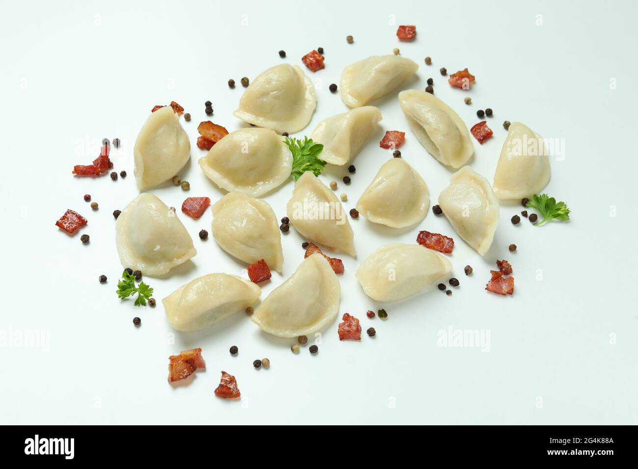 Concept of tasty food with vareniki or pierogi on white background ...