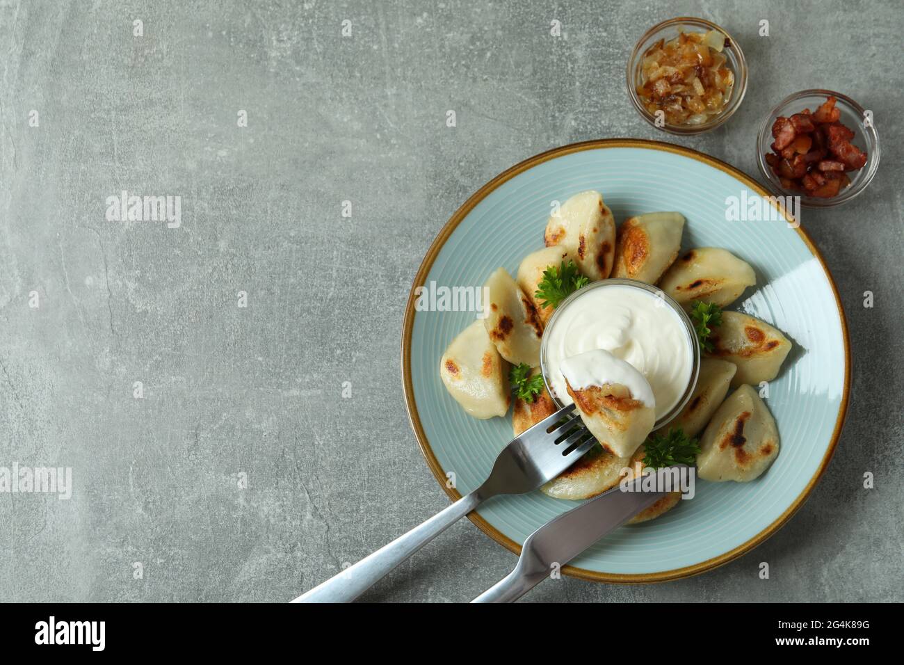 Concept of tasty food with vareniki or pierogi Stock Photo - Alamy