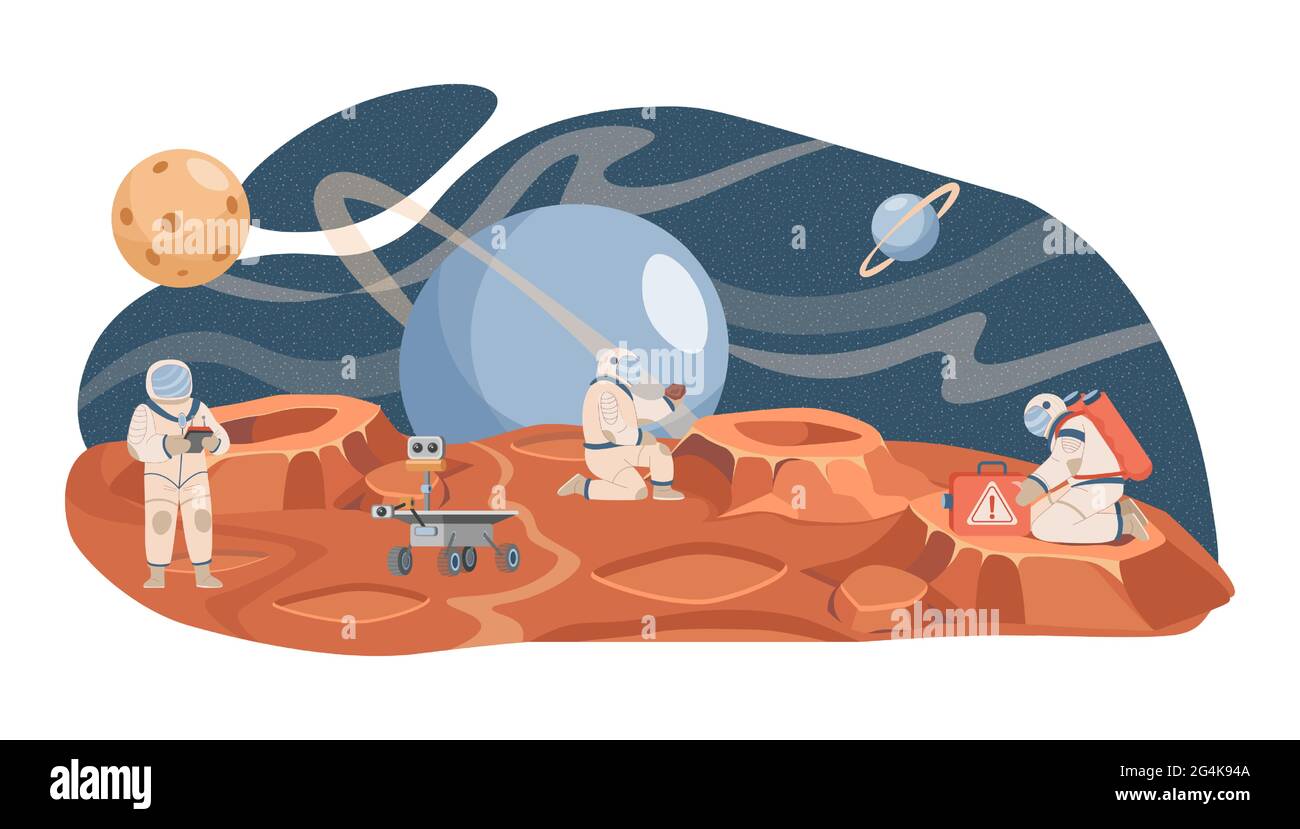 Group of astronauts and scientists exploring planet surface vector flat ...