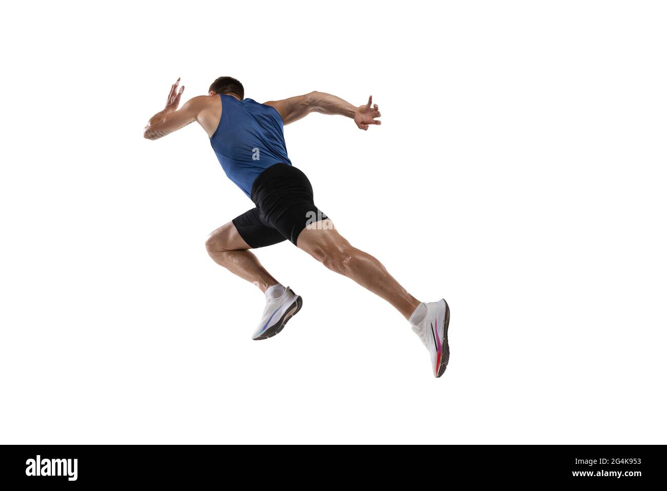 Caucasian professional male athlete, runner training isolated on white ...