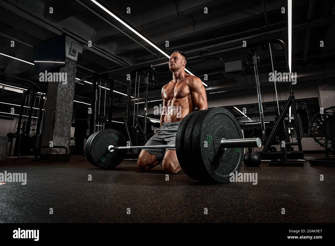 A bodybuilder is going to lift a barbell, work in a gym with large ...