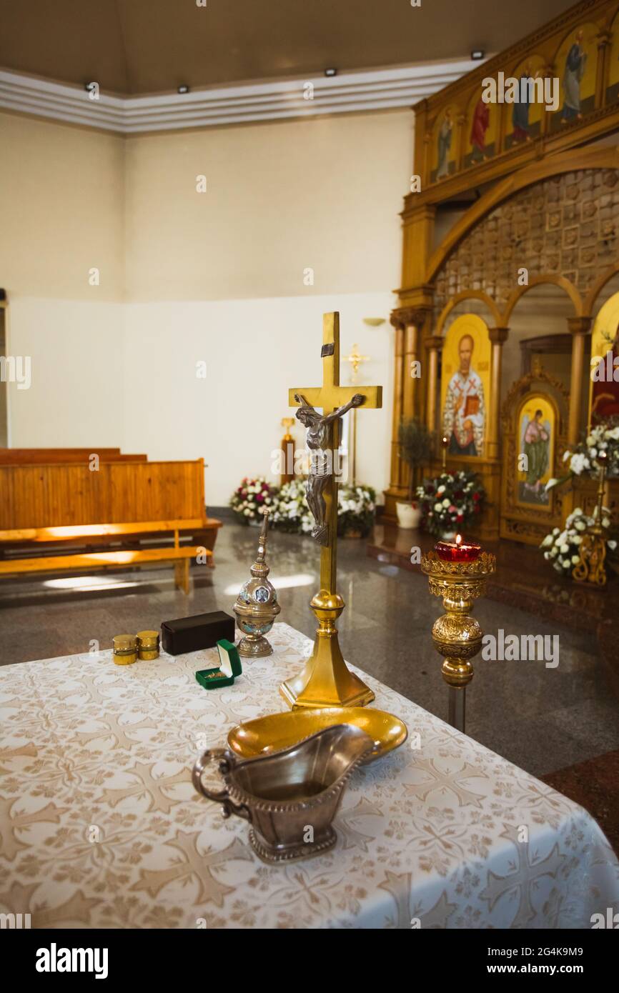 Altar at the church with ceremonial objects for Baptism Stock Photo - Alamy
