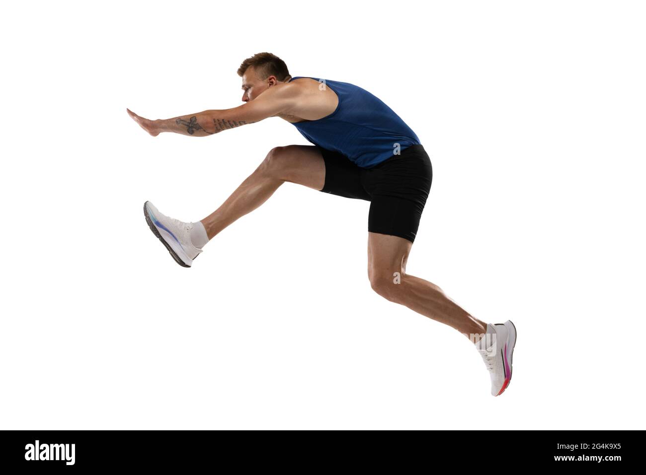 Athlete man athlete jumps over the barrier isolated on white background ...