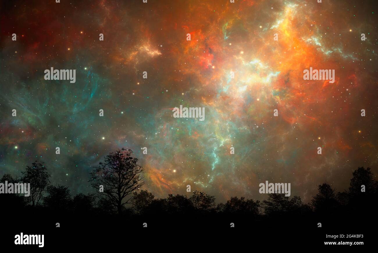 Space background. Tree silhouette land with colorful fractal nebula and ...