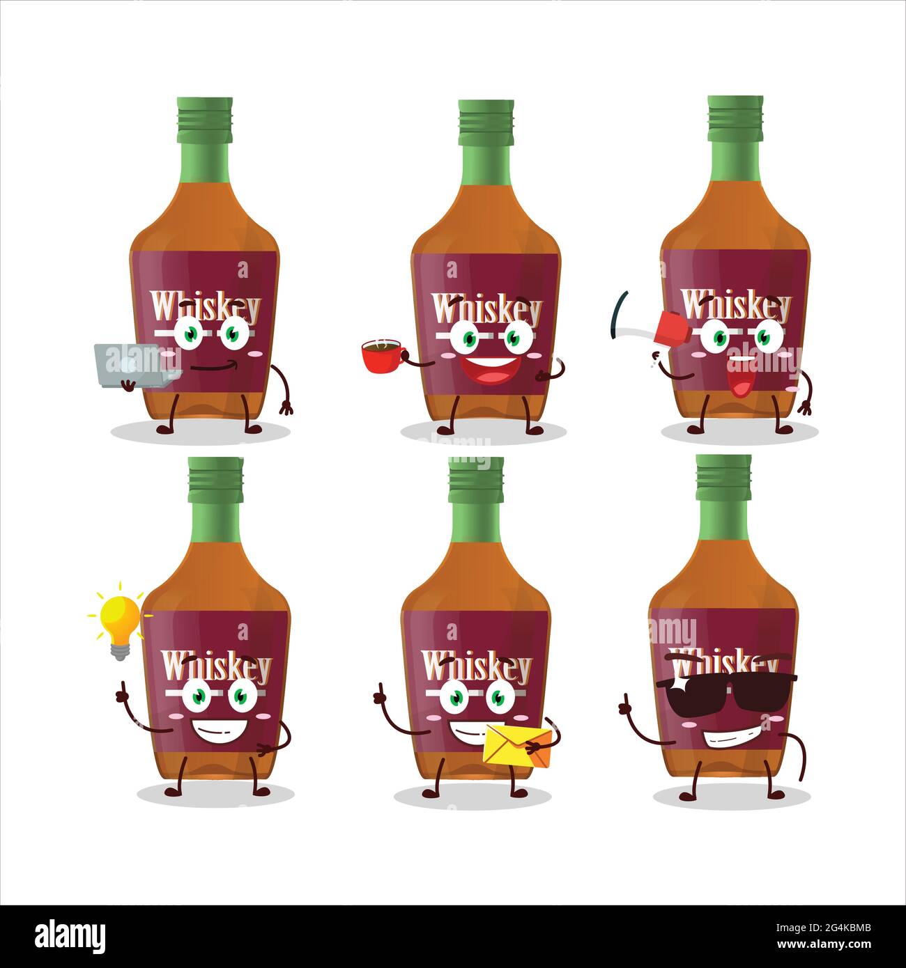 Whiskey bottle cartoon character with various types of business ...