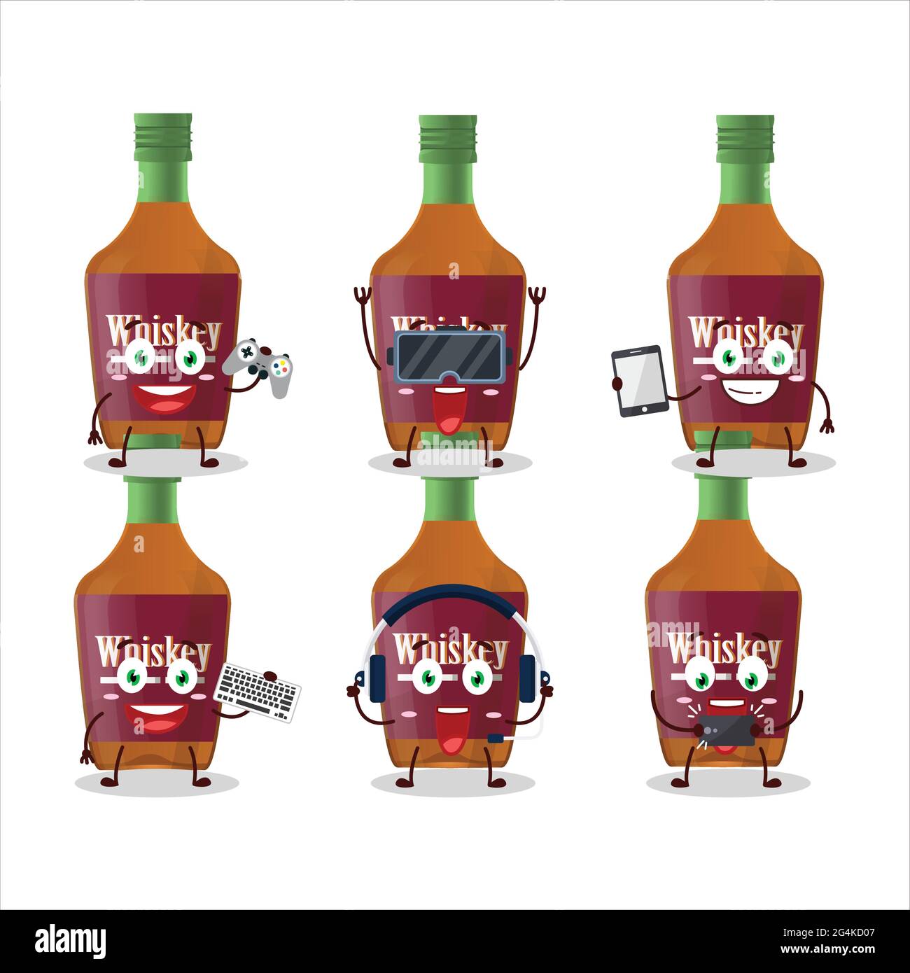 Whiskey bottle cartoon character are playing games with various cute ...