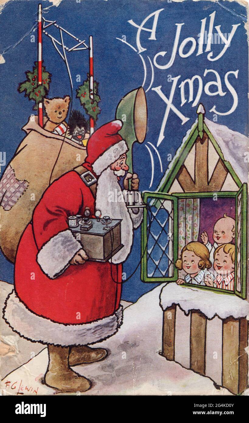 A Jolly Xmas, 1934. Father Christmas holds a transmitter with ...