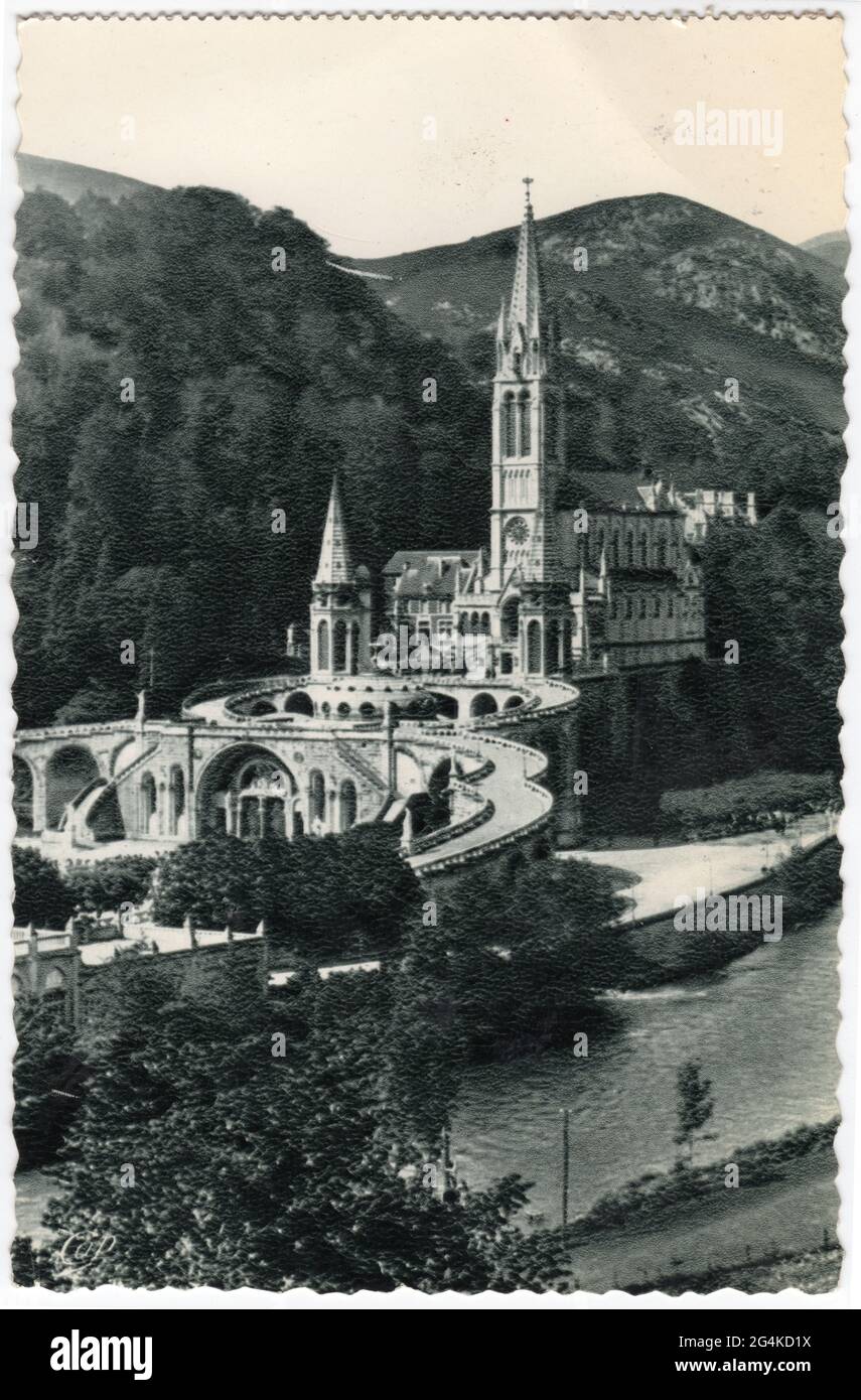 Basilica and River Gave, Lourdes, 1930s. The Sanctuary of Our Lady of ...