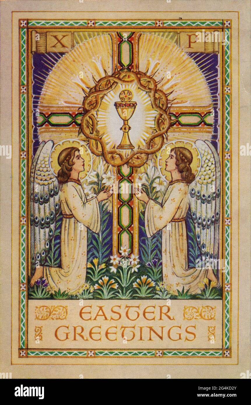 Easter Greetings, 1930s. Angels kneeling before a glowing Holy Grail ...