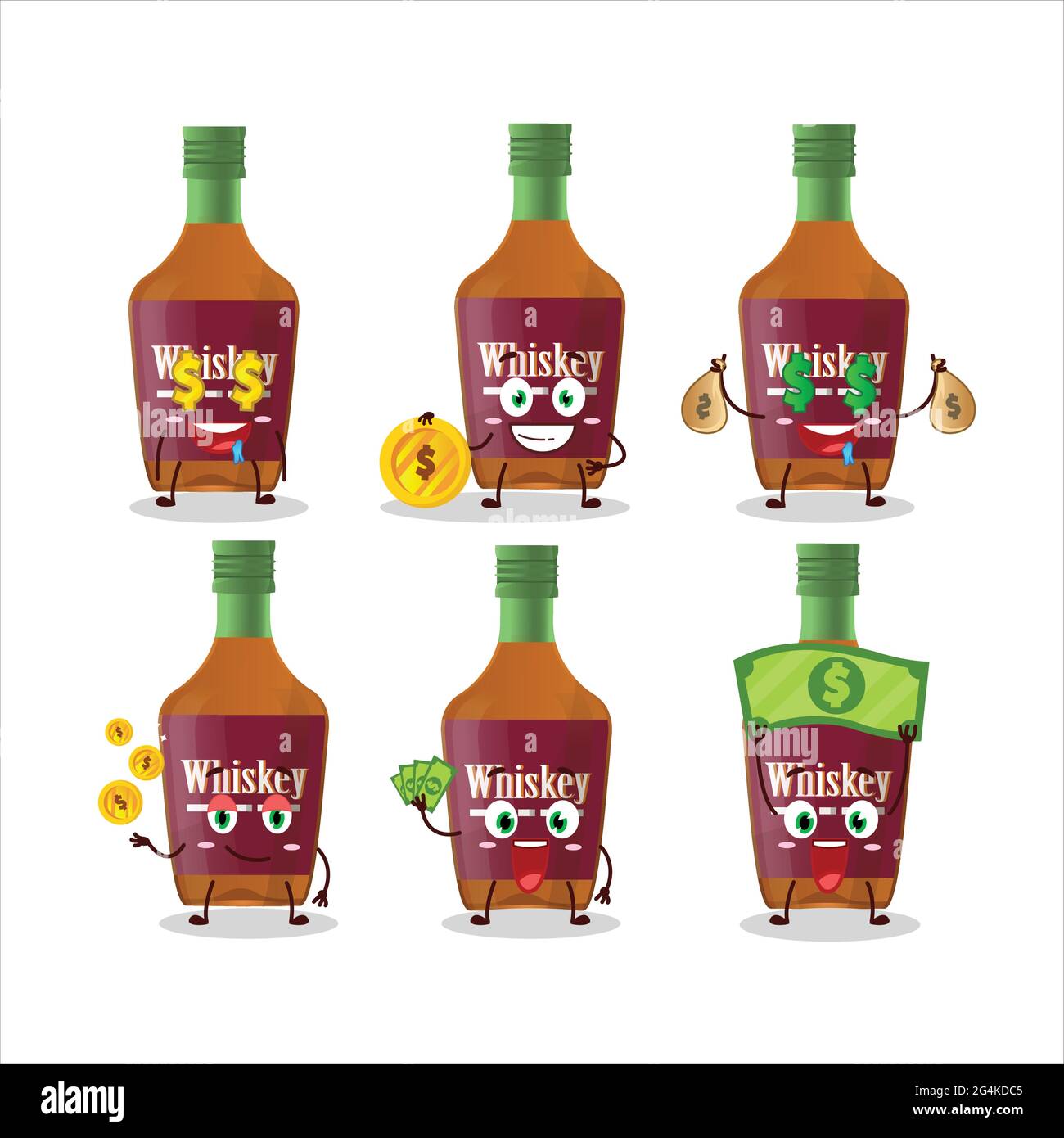 Whiskey bottle cartoon character with cute emoticon bring money. Vector ...