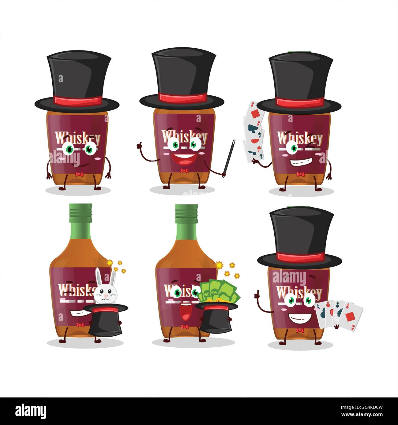 A whiskey bottle Magician cartoon character perform on a stage. Vector ...