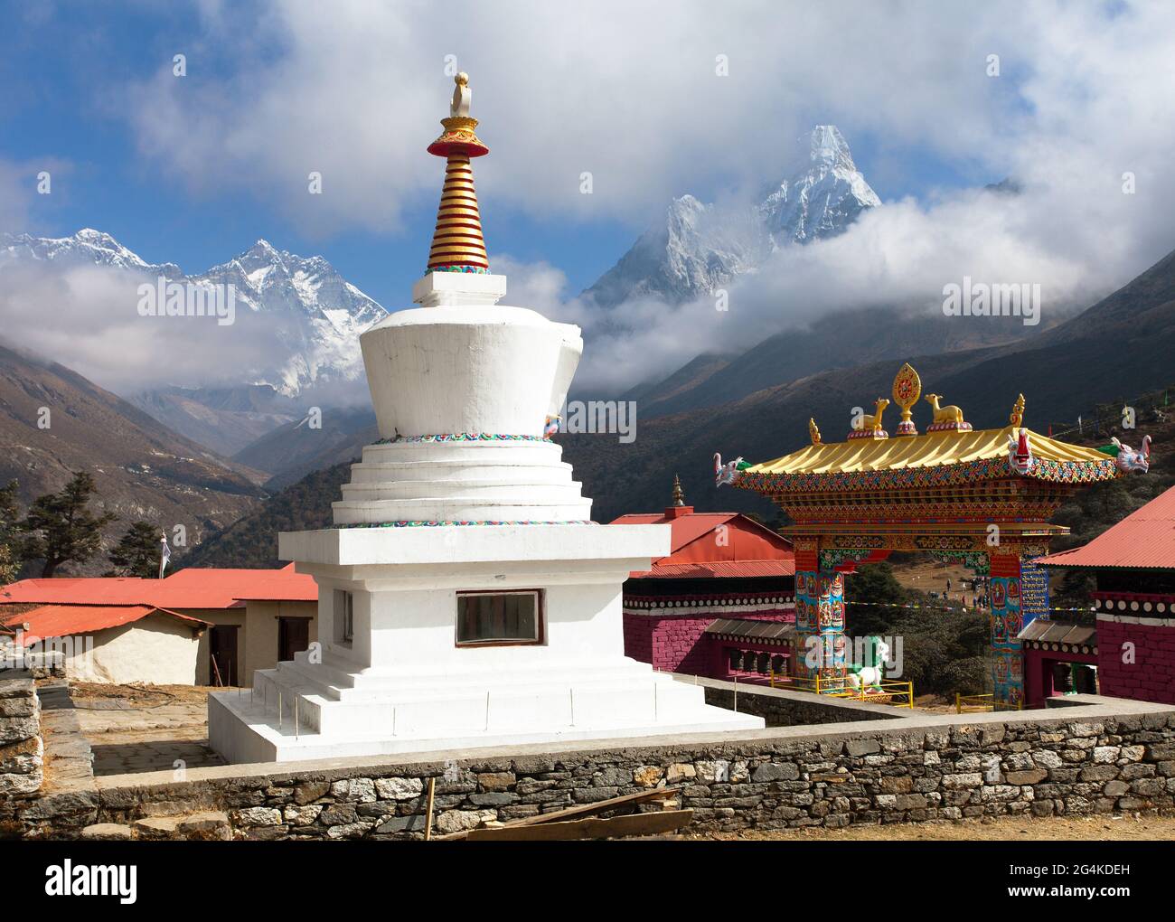 Tengboche Monastery with stupa and mount Everest, Lhotse and Ama Dablam ...