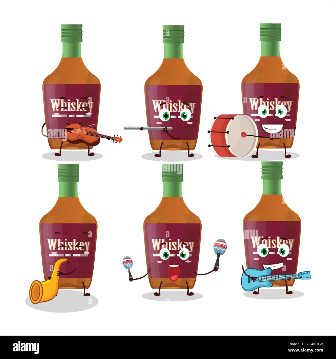 Cartoon character of whiskey bottle playing some musical instruments ...