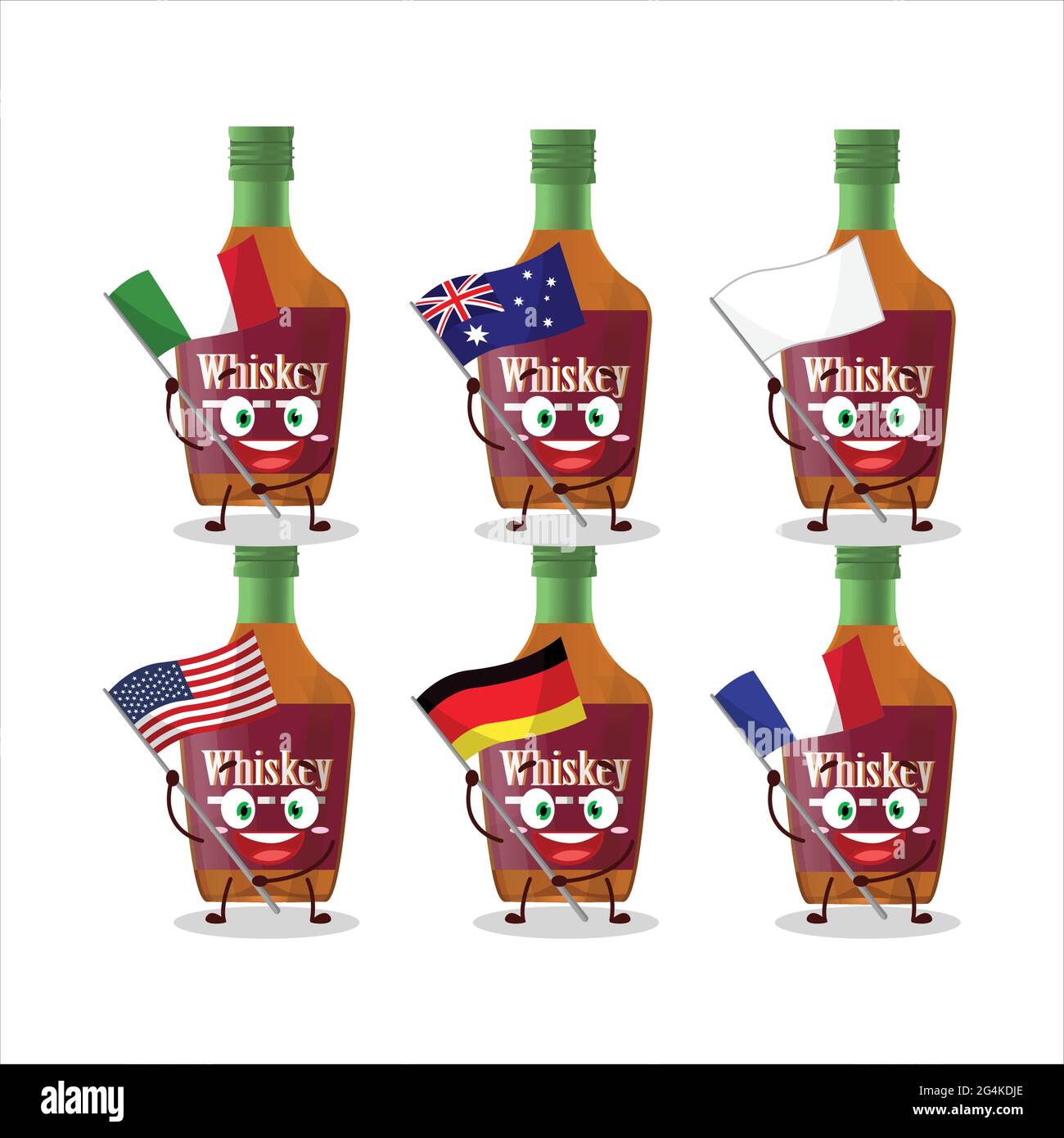Whiskey bottle cartoon character bring the flags of various countries ...