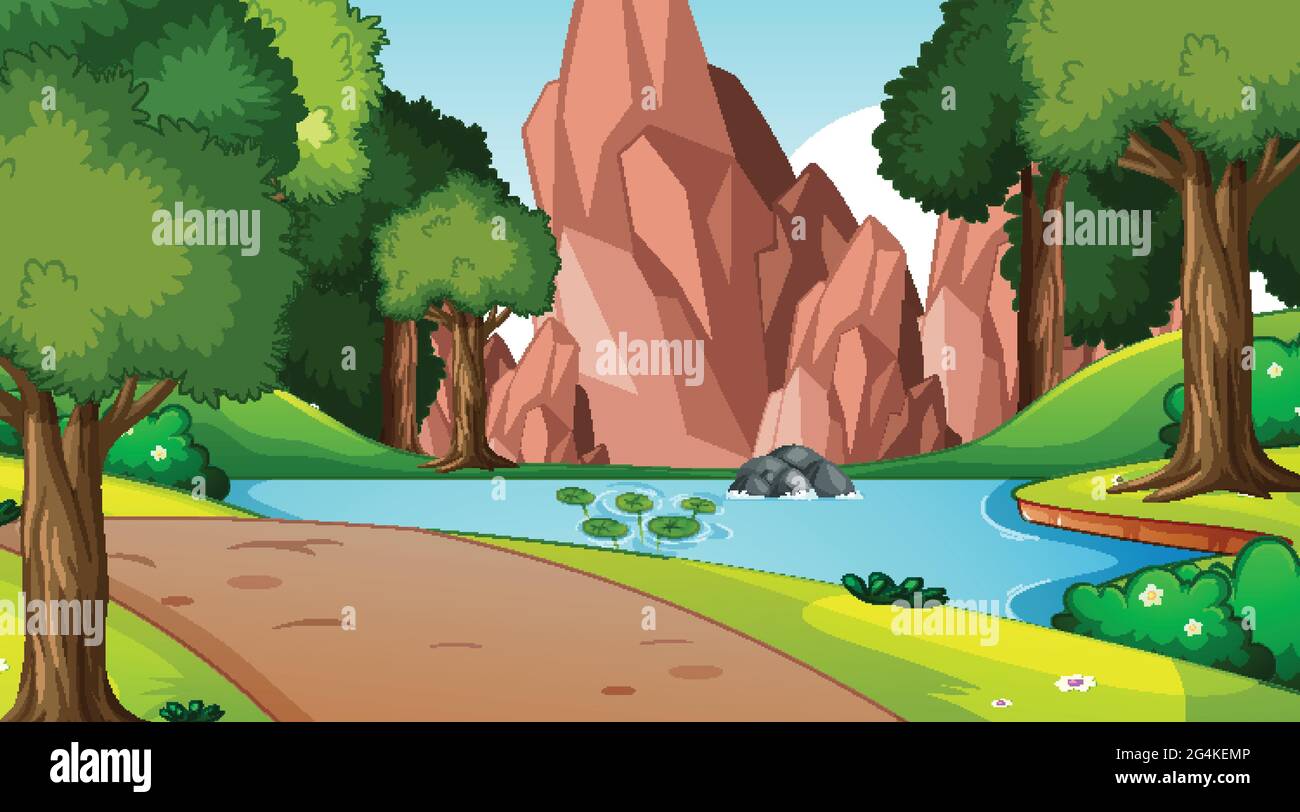Nature scene with stream flowing through the forest illustration Stock ...