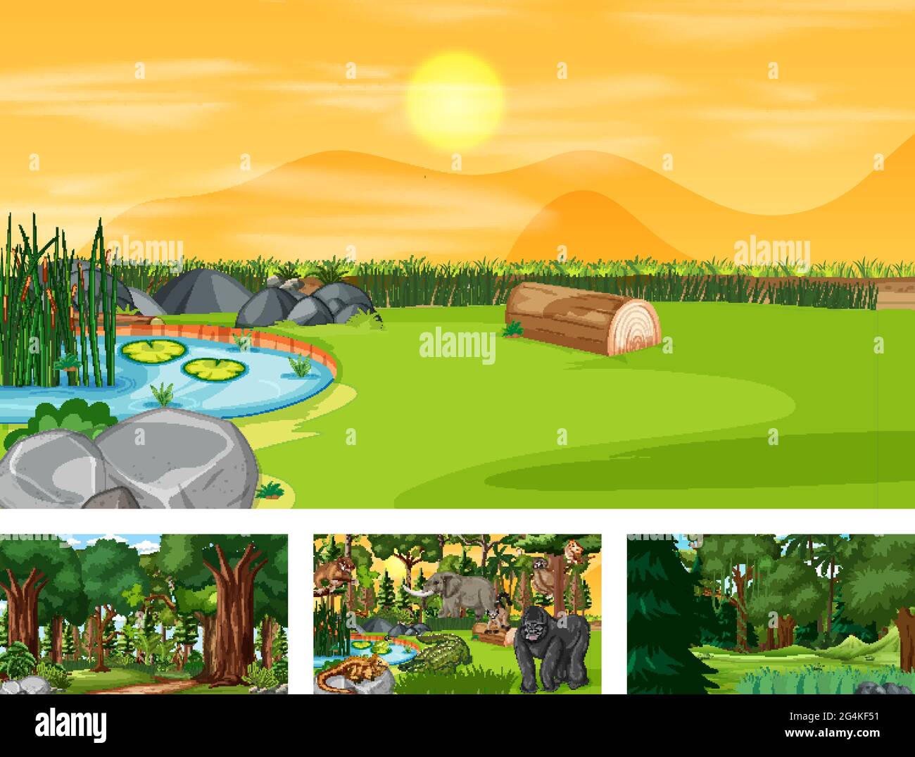 Set of different nature horizontal scene with various wild animals ...