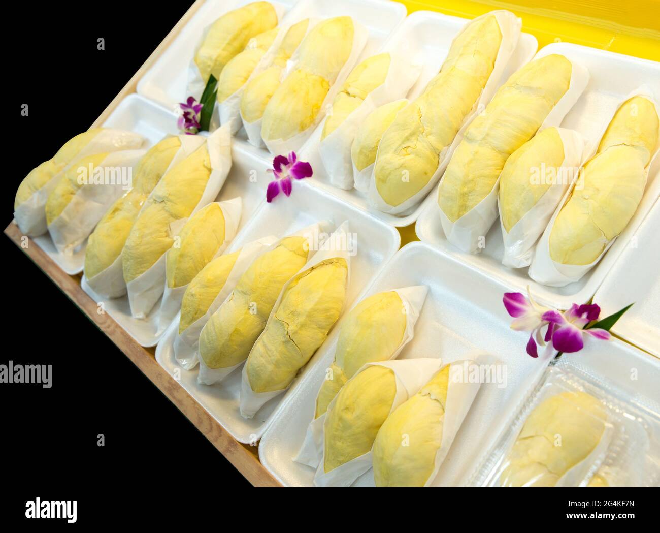 Peeled durian on soft paper on foam box, Thai fruits Stock Photo - Alamy