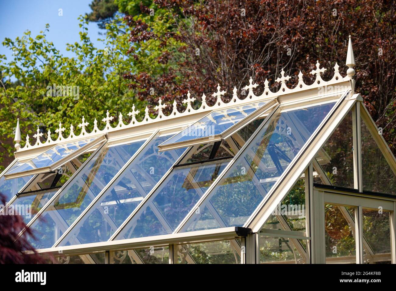 Greenhouse in back garden with open windows for ventilation Stock Photo ...